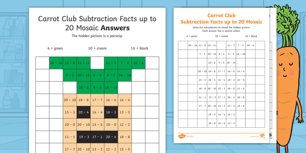 KS1 Carrot Club Subtraction Facts up to 20 Maths Mosaic Worksheets
