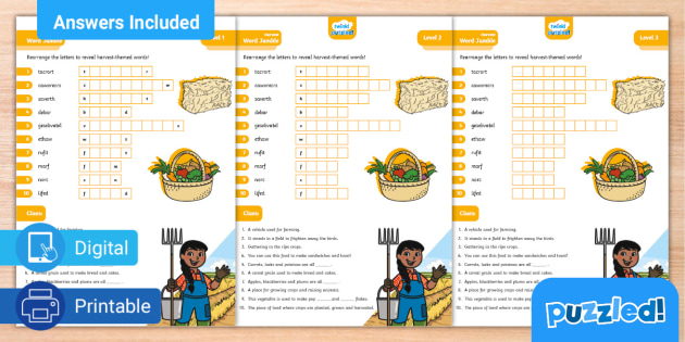 Fun Harvest Word Jumble Puzzle Pack - AL - Twinkl Puzzled