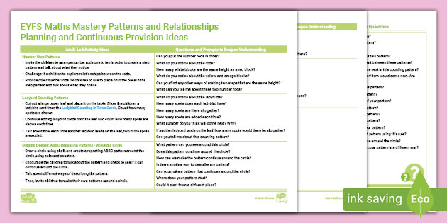 EYFS Maths Mastery Patterns and Relationships Planning Ideas
