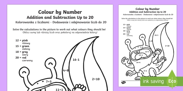 Monsters Colour by Number Addition and Subtraction Up to 20 English/Polish