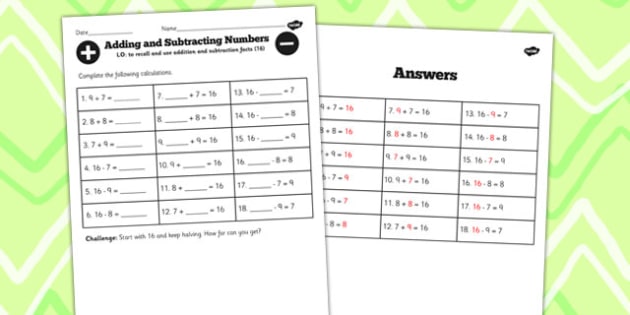 Number Facts to 16 Worksheet (teacher made)