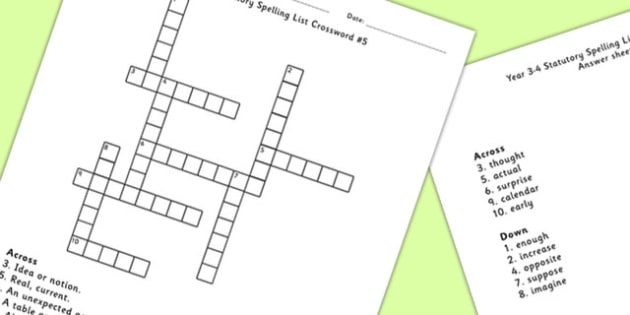 Year 3-4 Statutory Spelling List Crossword 5 (teacher made)