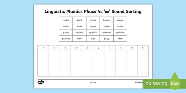 Linguistic Phonics Phase 4c 'ee' Sound Sorting Worksheet