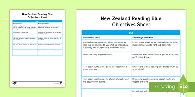 New Zealand Reading Blue Objectives Sheet Adult Guidance