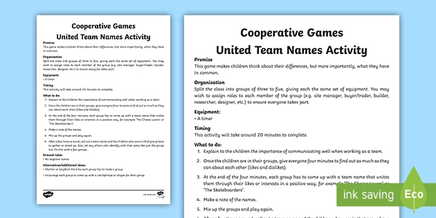 FREE! - KS2 Cooperative Games United Team Names Teaching Ideas