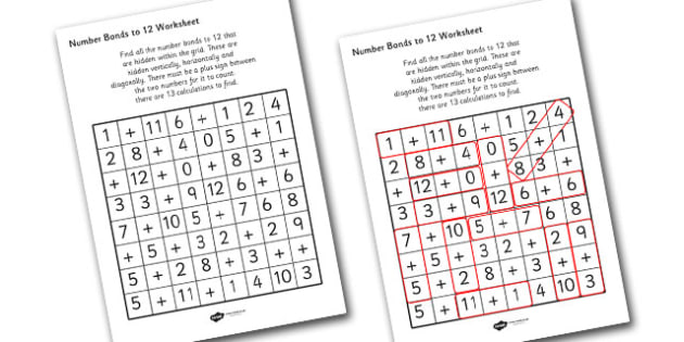 Number Bonds to 12 Wordsearch (teacher made)