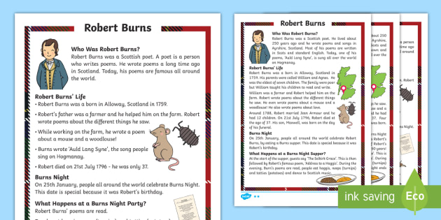 CfE First Level Robert Burns Differentiated Reading Comprehension Activity