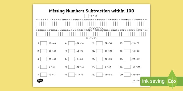 Missing Numbers Subtraction within 100 Worksheet