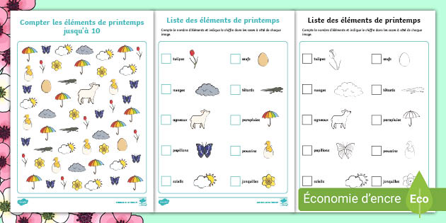 Activité pour compter jusqu'à 10 sur le thème du printemps