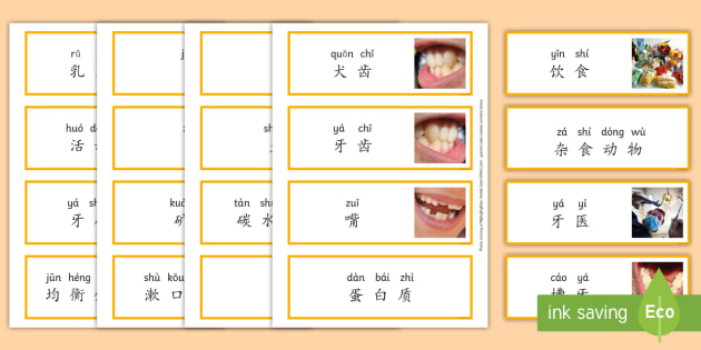 牙齿和营养词汇卡片(拼音) - 牙医，牙齿，营养，健康生活，牙齿词汇，词汇卡片，拼音