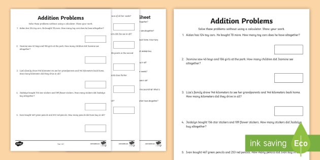Addition Word Problems Worksheet - (teacher made)