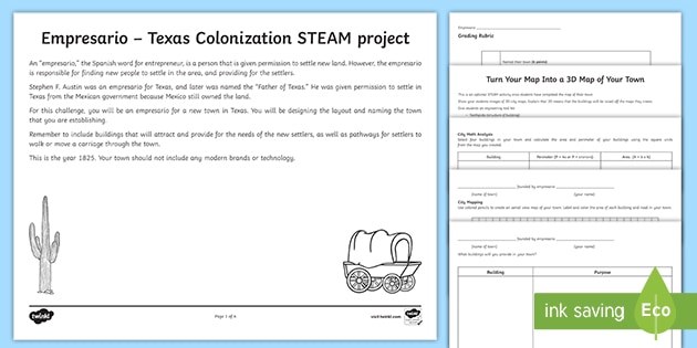 Texas Empresario Town Design STEAM Activity (teacher made)