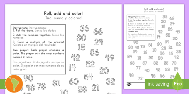 Multiplication Roll and Color Activity English/Spanish - Multiplication ...