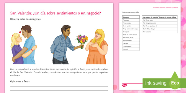 Valentine's Day Opinions Writing Worksheet / Worksheet Spanish