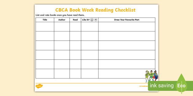 CBCA Book Week Junior Reading Blank Checklist