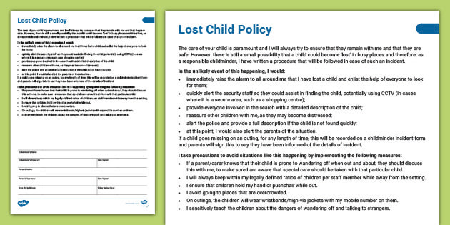Missing Child Policy EYFS for Childminders | Easy Download