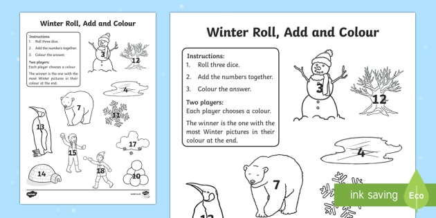 Winter Themed Roll and Colour Three Dice Worksheet / Worksheet