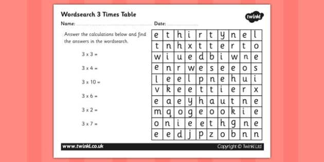 Multiplication 3 Times Tables Wordsearch Worksheet