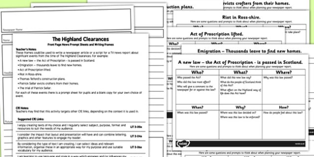 The Highland Clearances Front Page News Prompt Sheets and Writing Frame