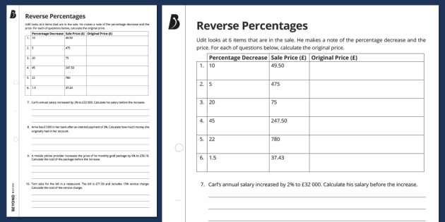 👉 Reverse Percentages Worksheet (teacher made)