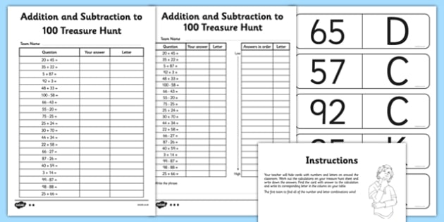 Addition and Subtraction up to 100 Treasure Hunt Activity - hunt
