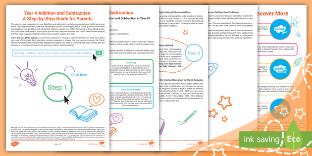 Addition and Subtraction Parent Guide and Activity Ideas - Year 4 Subject