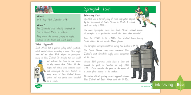 Springbok Tour Fact Sheet (teacher made)