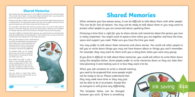 FREE! - Shared Memories Worksheet | Wellbeing Resources | Twinkl