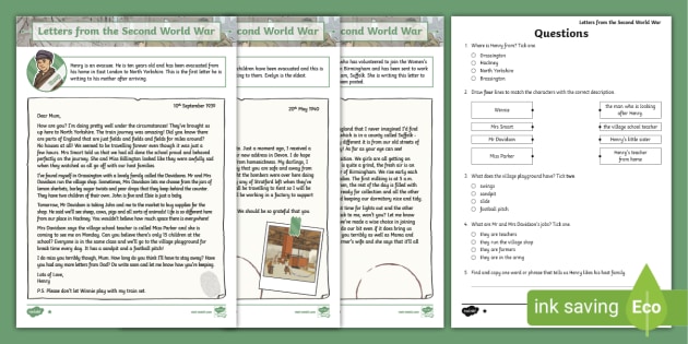 LKS2 Remembering the War: WW2 Letters Comprehension Activity