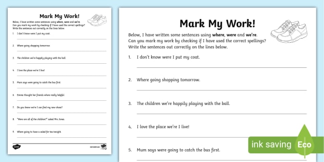 Mark My Work! Where, Were and We're Activity,where were we're