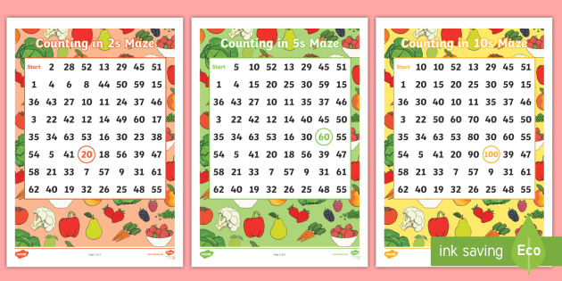 Fruit and Vegetable Themed Counting in Multiples Maze Worksheets
