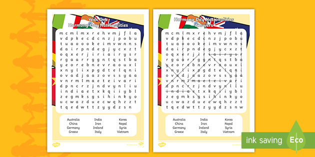 * NEW * Year One Harmony Day Nationalities Word Search
