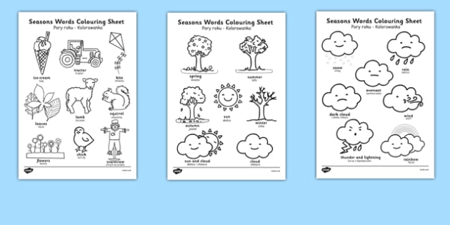 Season Words Colouring Sheets Polish Translation