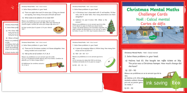 Christmas Mental Maths Challenge Cards English/French