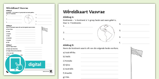 Wereldkaart Digitale Vasvrae Aktiwiteit (teacher made)
