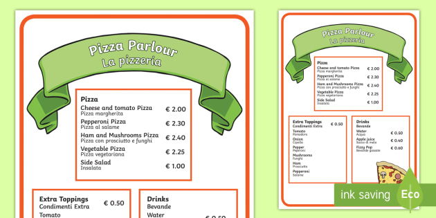 Pizza Parlour Role Play Menu English/Italian