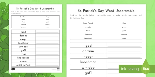 St. Patrick's Day Word Unscramble Activity