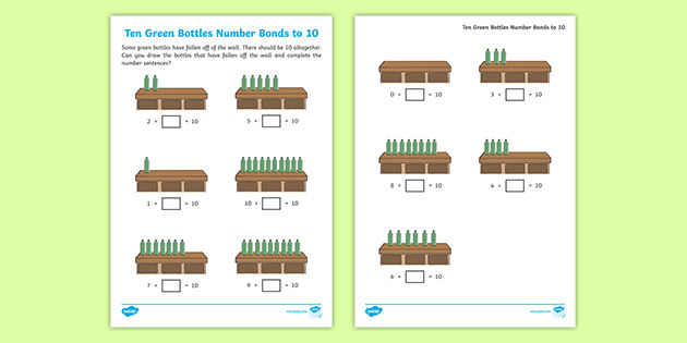👉 Ten Green Bottles Number Bonds to 10 Worksheet