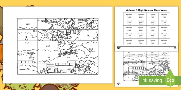 LKS2 Autumn Themed 3-digit Number Place Value Colouring Assessment Sheet