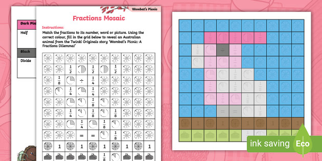 Wombat's Picnic Fractions Galah Mosaic Worksheet