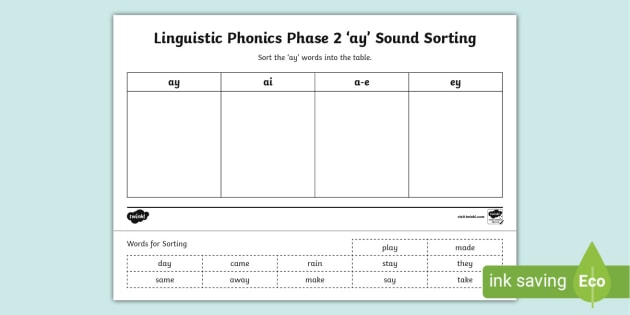 Linguistic Phonics Phase 2 ‘ay’ Sound Sorting Activity Sheet