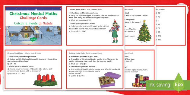 Christmas Mental Maths Challenge Cards Challenge Cards English/Italian