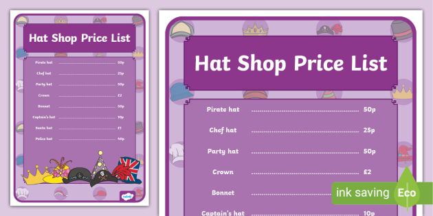 Hat Shop Price List Poster - Twinkl - EYFS (teacher made)