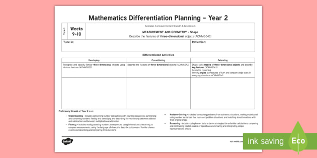 Year 2 3D Shape Mathematics Differentiated Plan