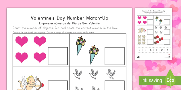 Valentine's Day Number Match Up Worksheet / Worksheet English/Spanish