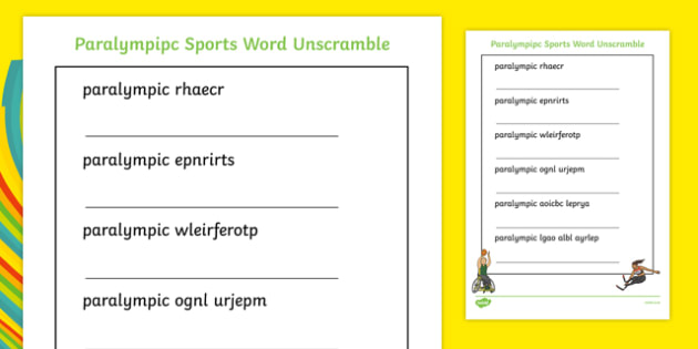 Paralympic Sport Word Unscramble (teacher made)