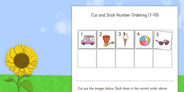 Summer Themed Cut and Stick Number Ordering Sheets 1-10