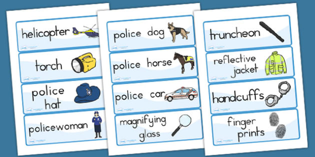 Police Word Cards - police, police role play, props, services