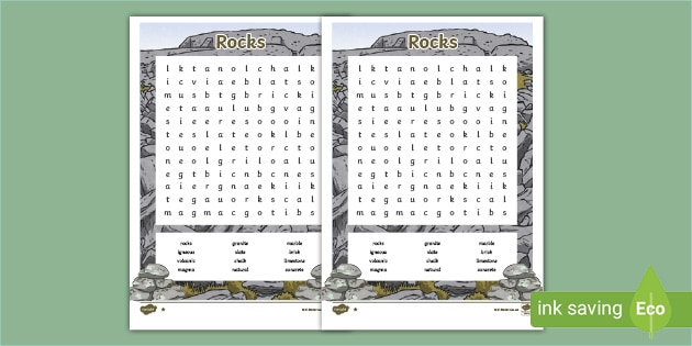 Rocks word search- easy to download and print.