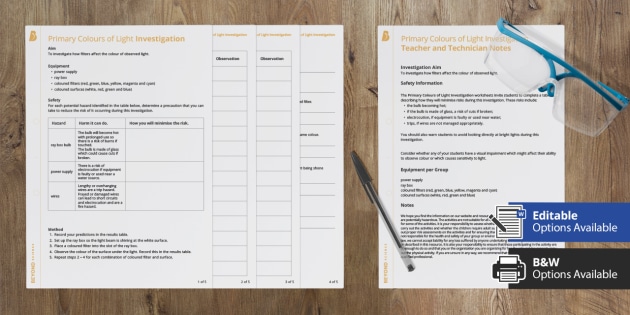 Primary Colours of Light Investigation Worksheet | Beyond